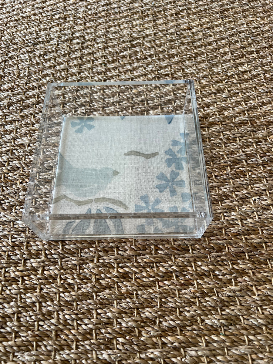 Square Acrylic Tray with Laminated Fabric - "Birds" in Pale Blue on Fl ...